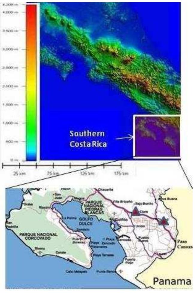 Digital elevation model of costa rica showing the location