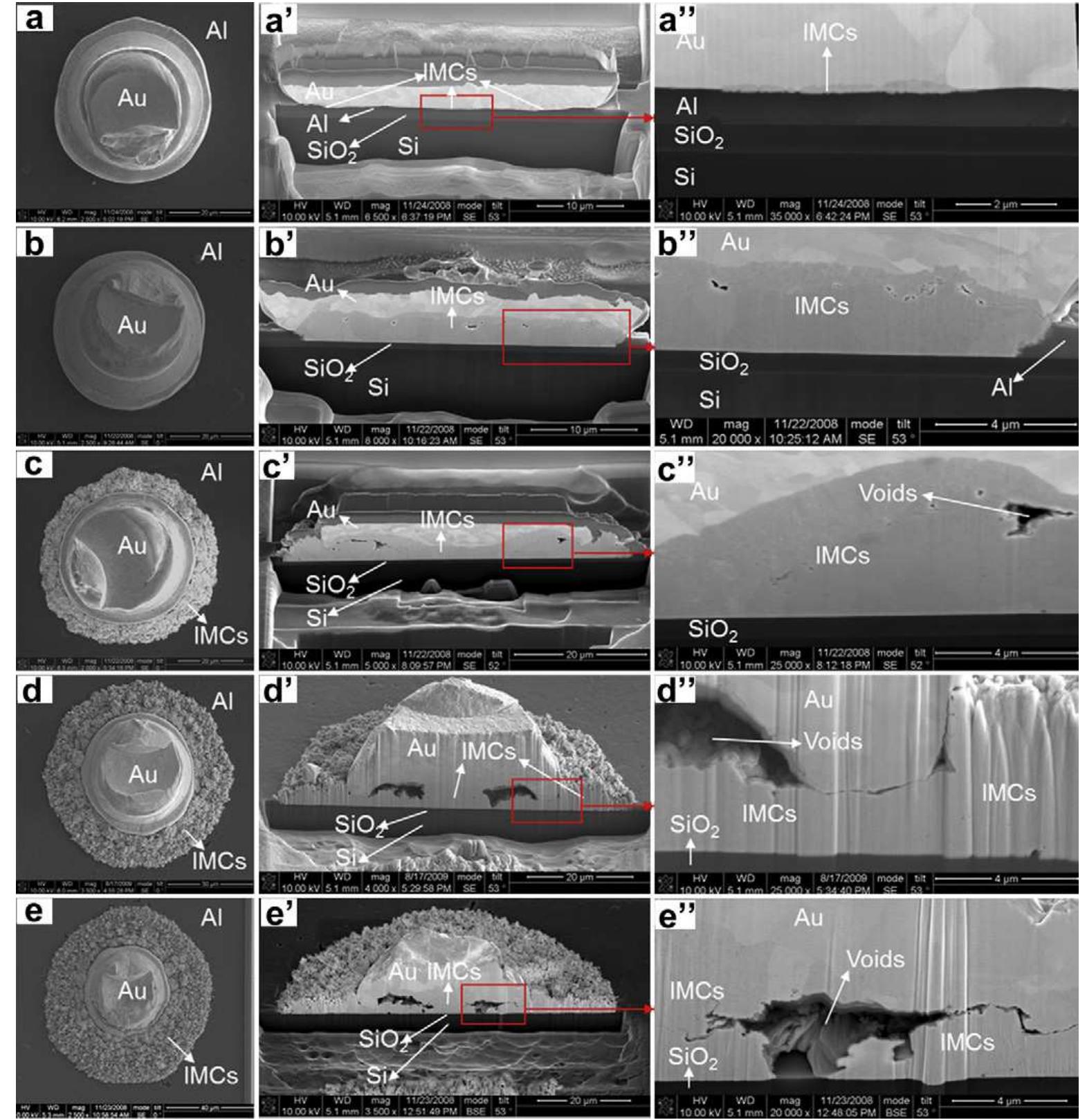 Top view and cross-sectional sem of au—al bonds after