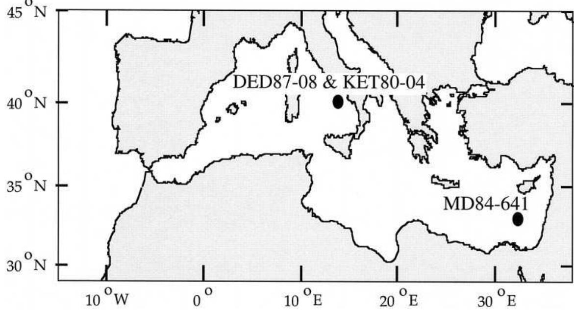 Map showing the locations of cores ket 80-04 (39°40’n;