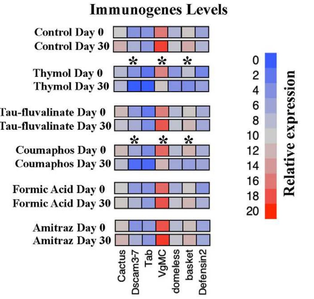 Heat map of selected immuno-gene levels from honey bee