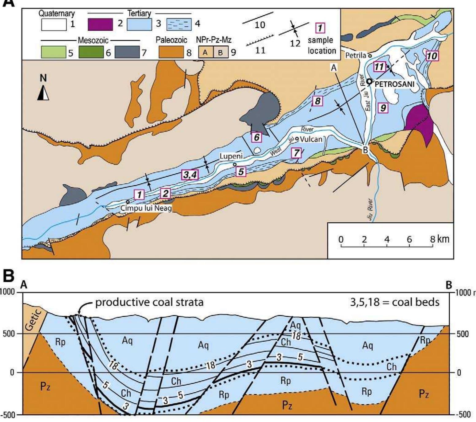 A — simplified geologic map of the jiu valley, petrosani