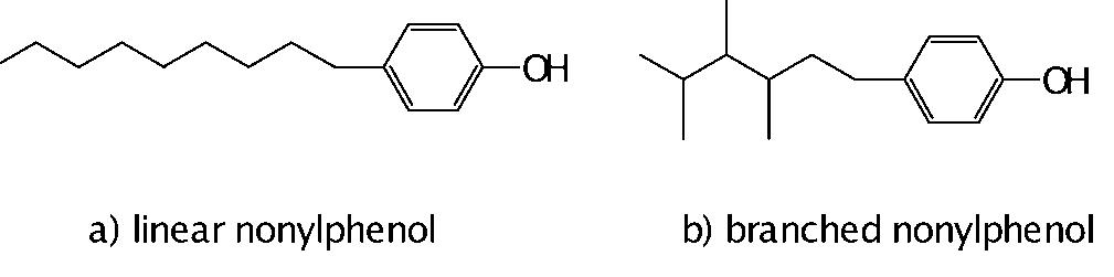 Molecular structure of (a) linear nonylphenol and (b)