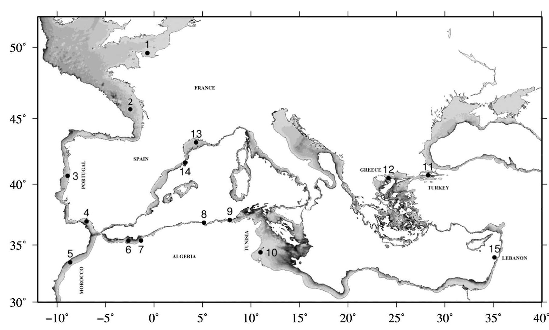 Map of sampling locations. the dashed zone shows the