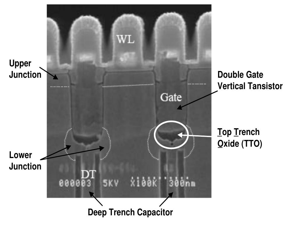 Sem micrograph of a vertical transistor cell with targeted