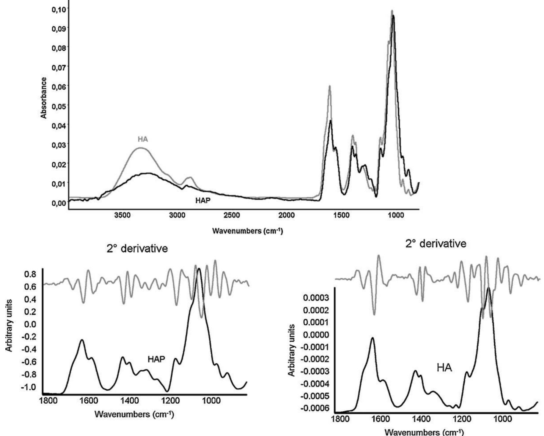 (a) infrared spectra of ha (grey curve) and hap (black