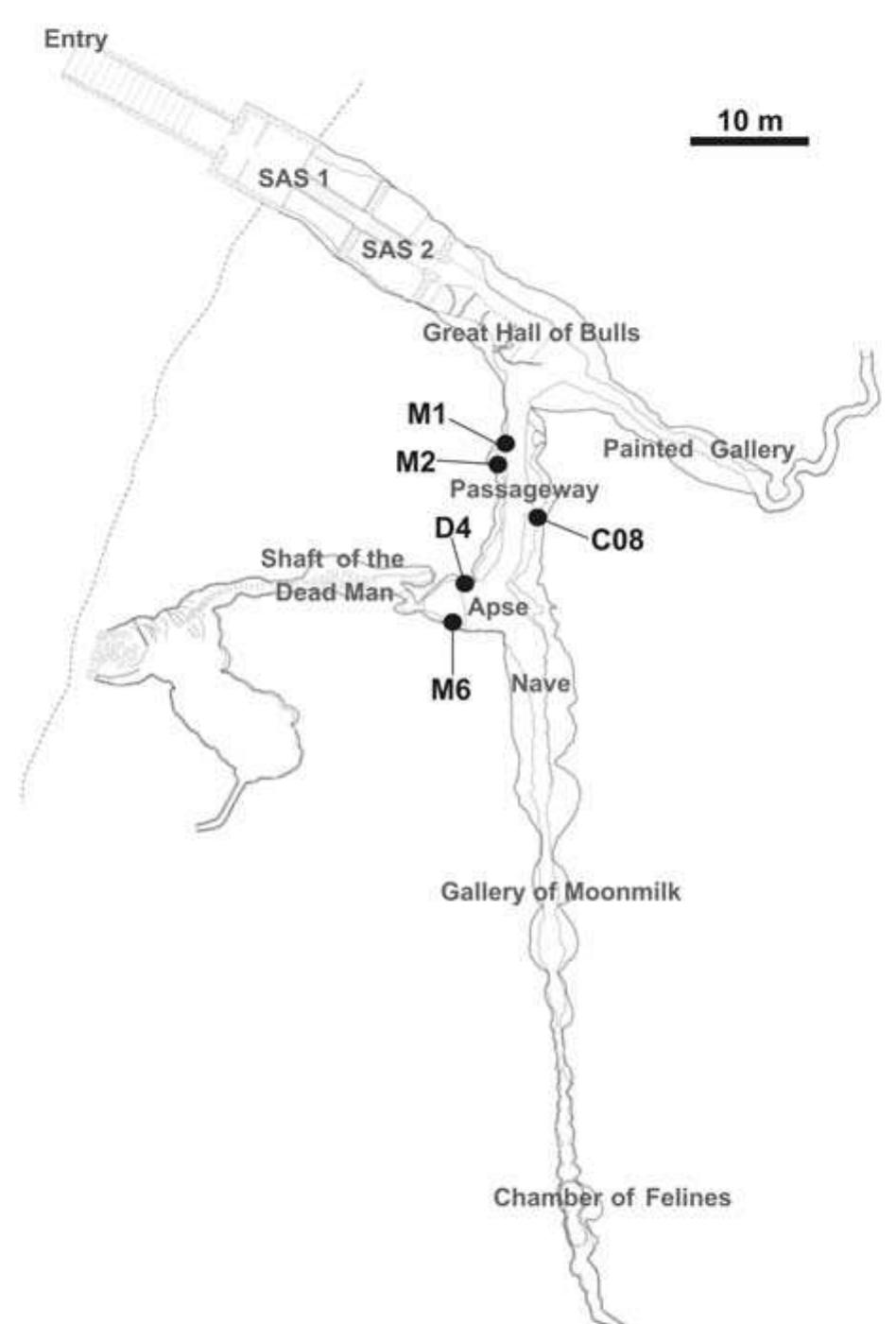 Lascaux cave map with the location of black stains samples.