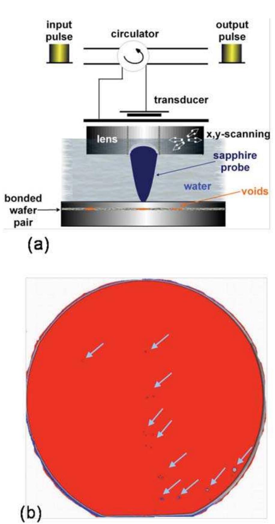 (a) schematic of scanning acoustic microscopy setup. (b)
