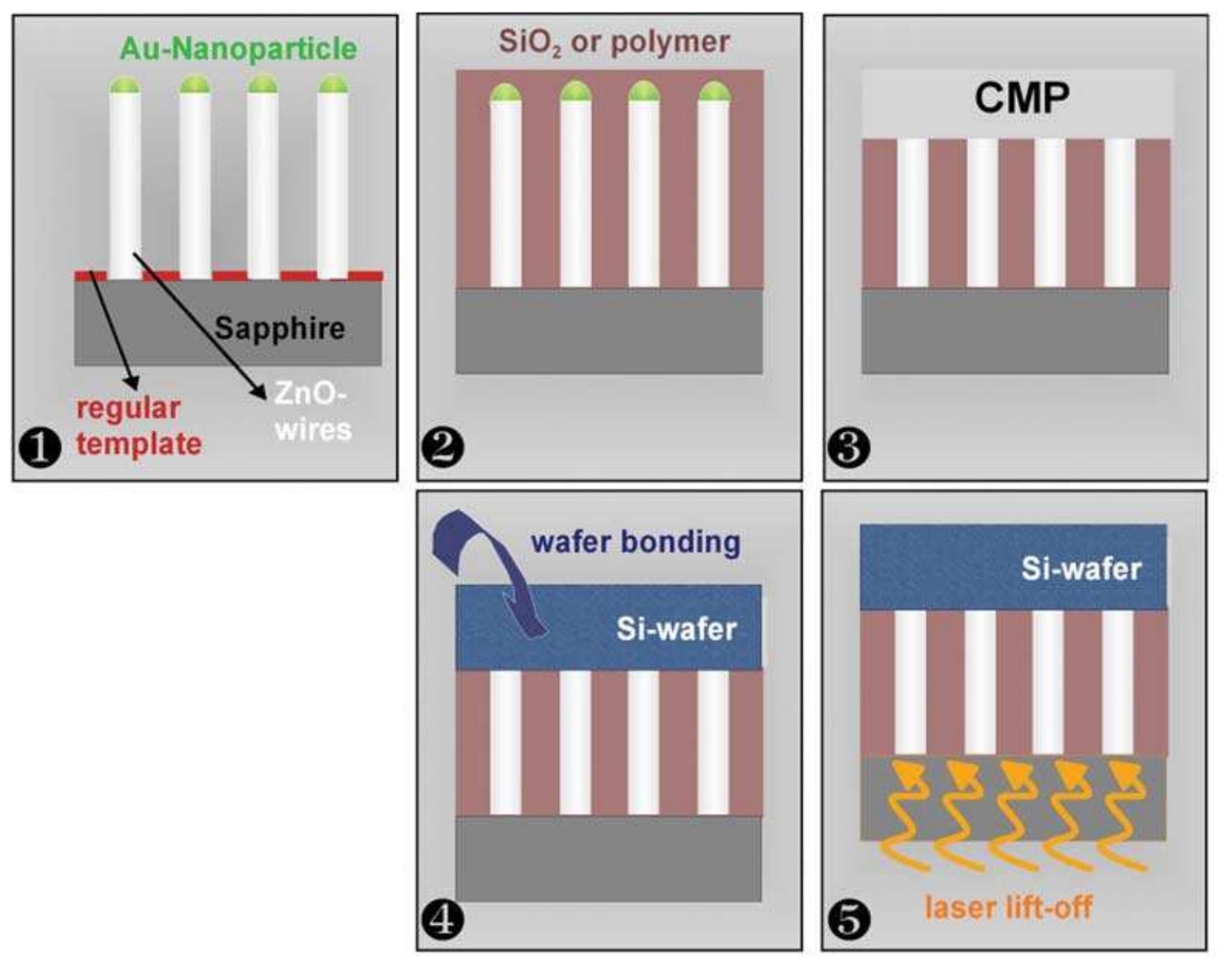 Integration scheme for zno, gan, or gaas nanowires that