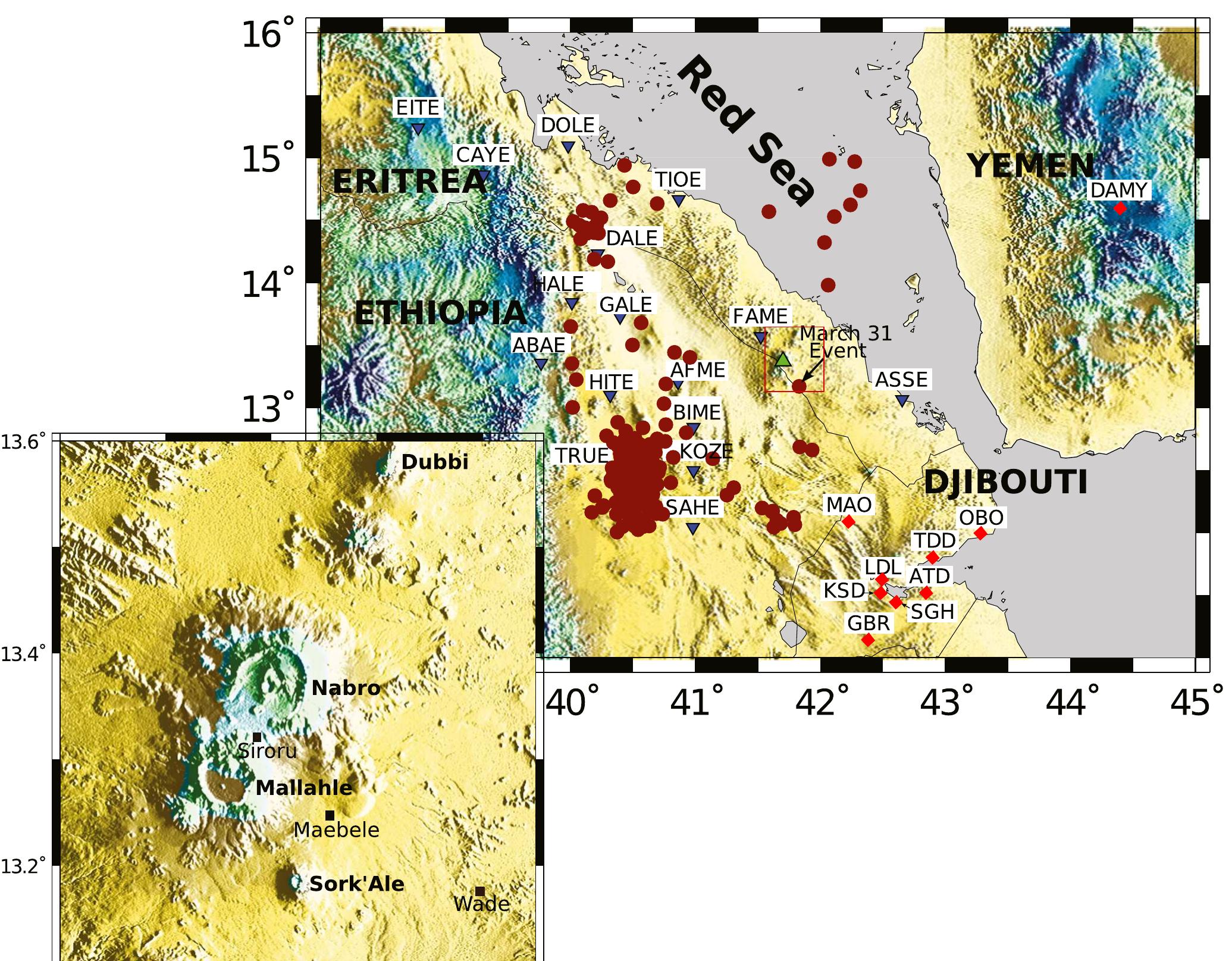 1960-2011. the green triangle locates nabro. inset map shows