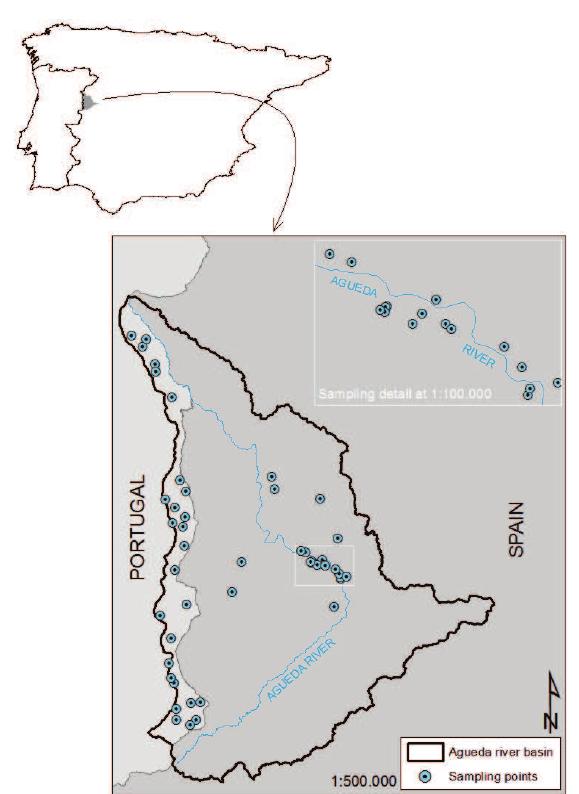Map of the agueda river basin in spain-portugal, indicating