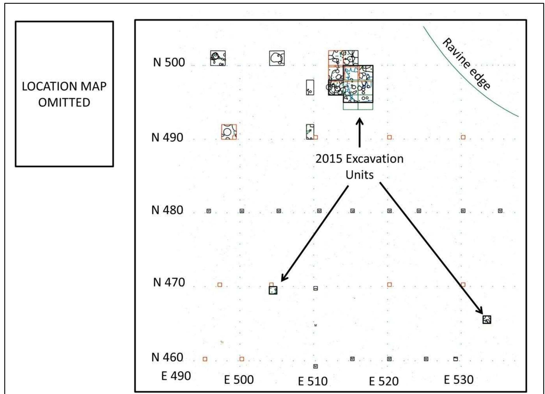 Excavation plan showing location of 2015 test units and