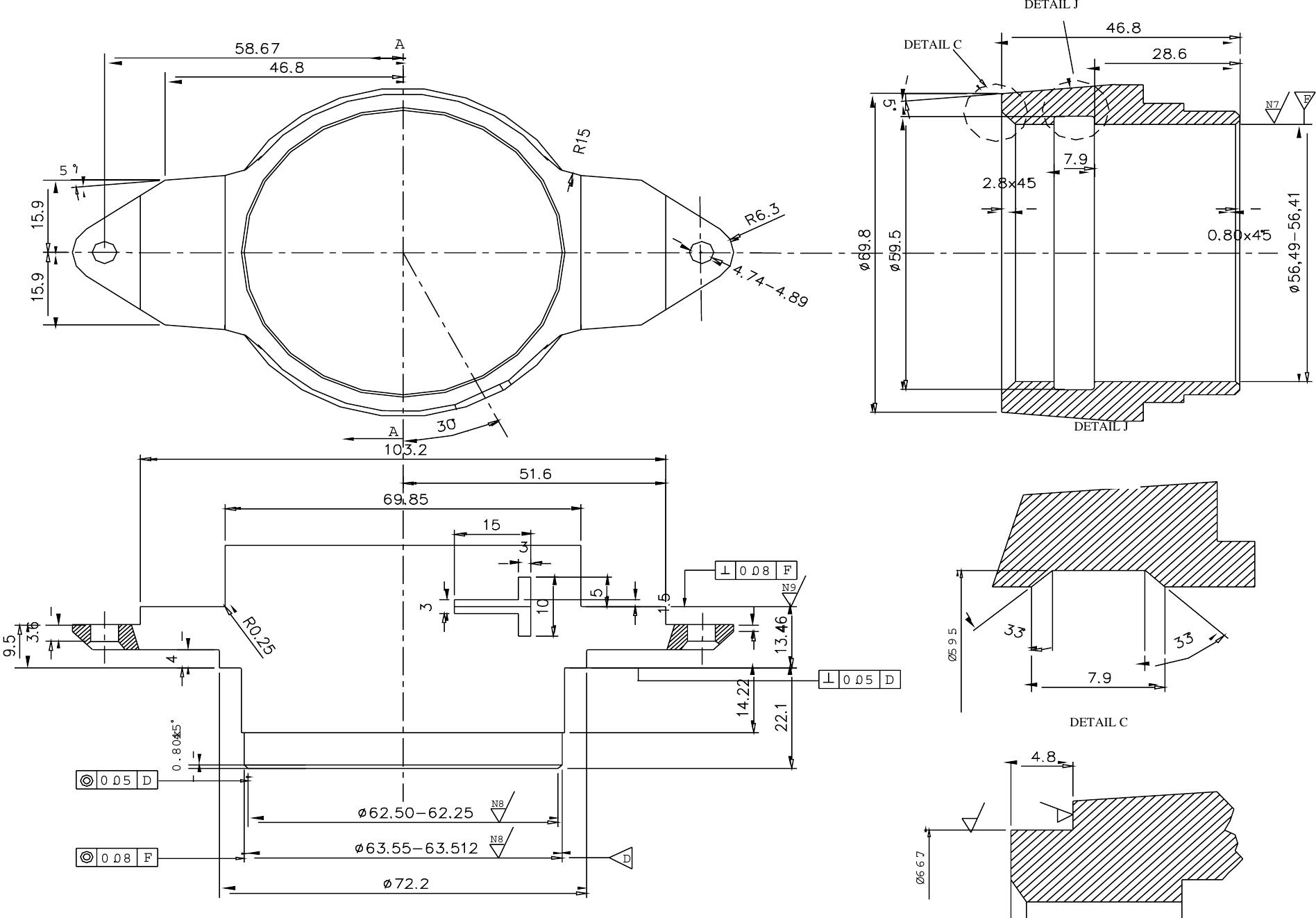 Technical drawing of the sample part. using the lot