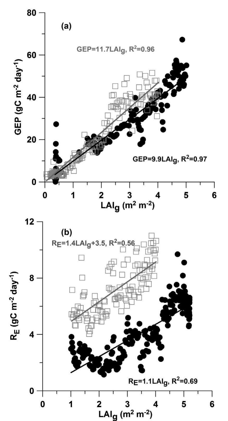 Scatter plots of (a) daily mean gross ecosystem productivity