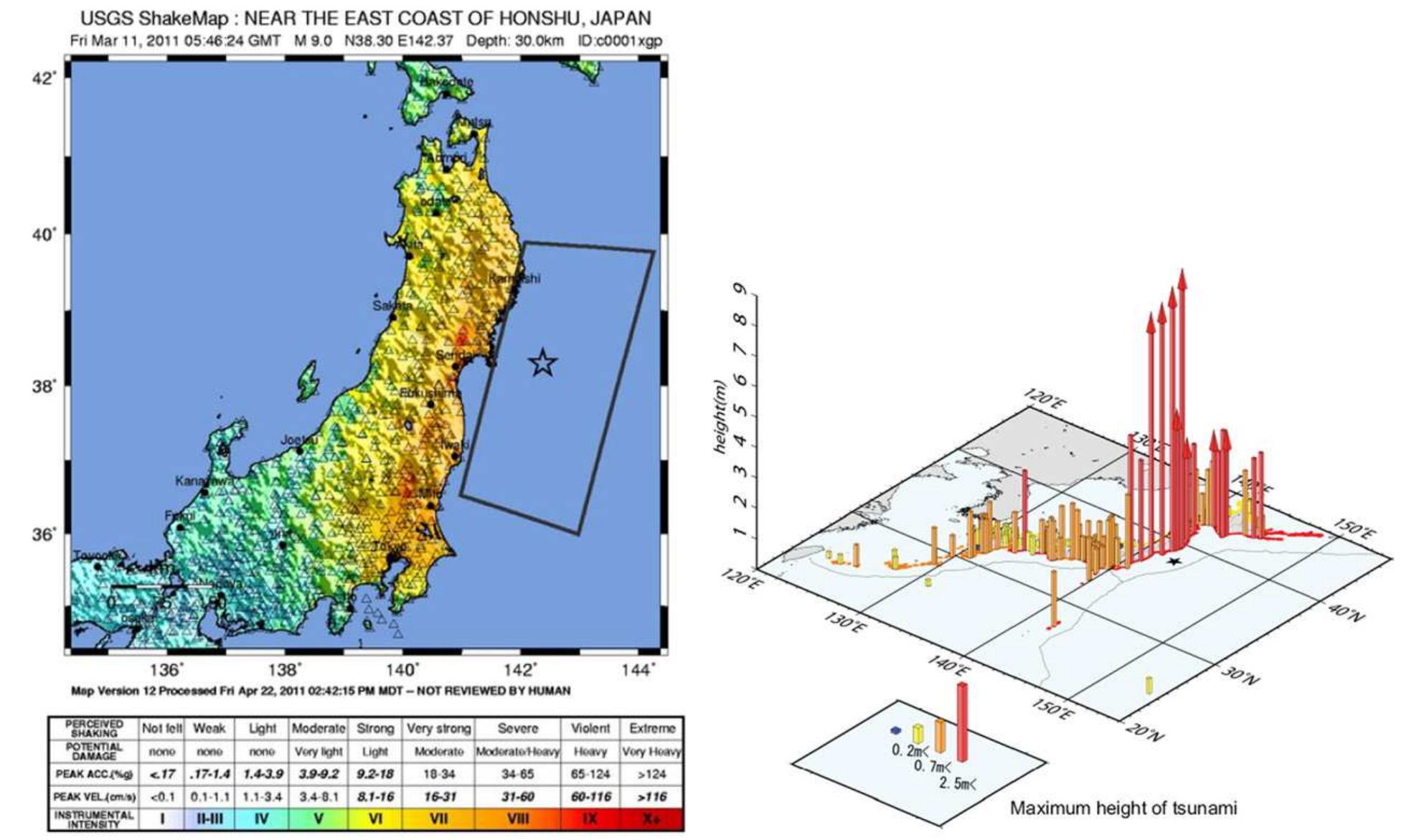 Tohoku earthquake hazard maps. left: map of seismic shaking