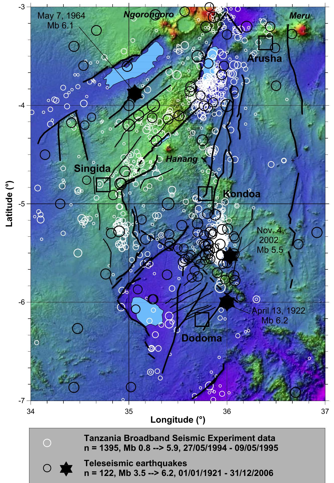 Seismic epicentre map of the manyara-dodoma rift segment in