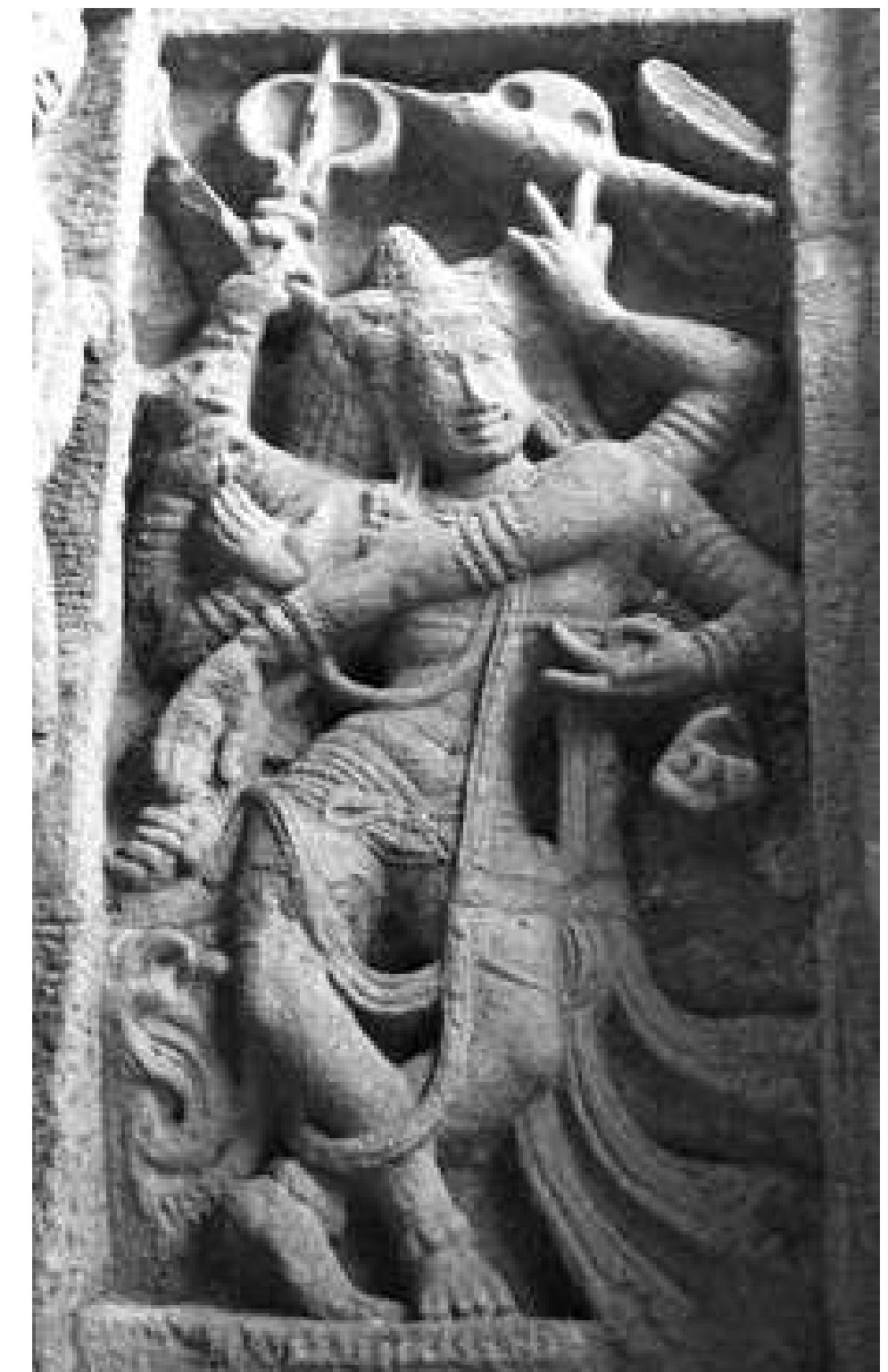 8 eight-armed goddess dancing, probably kali, kailasanatha