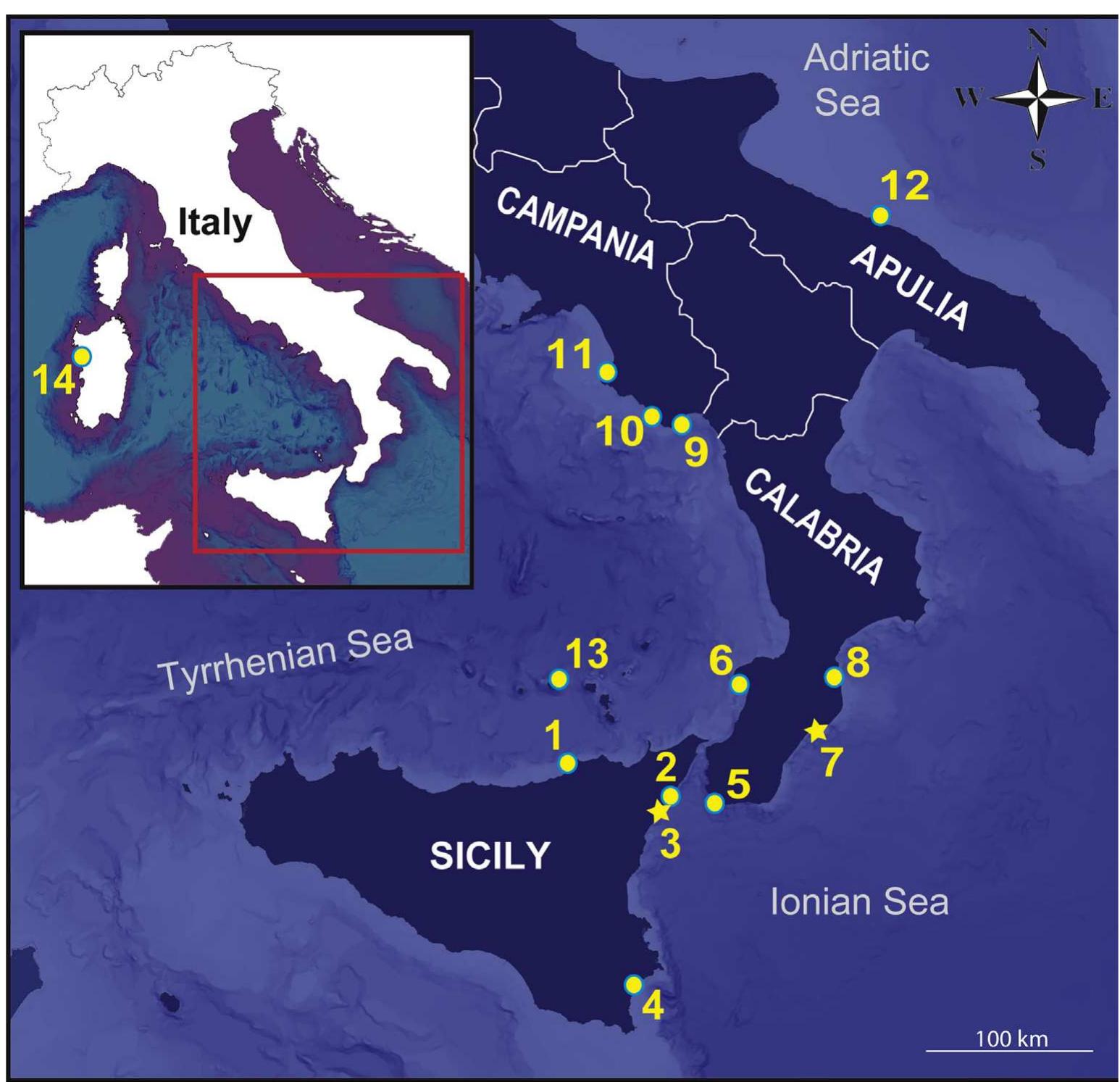 Map with the location of millstone coastal quarries. 1 capo