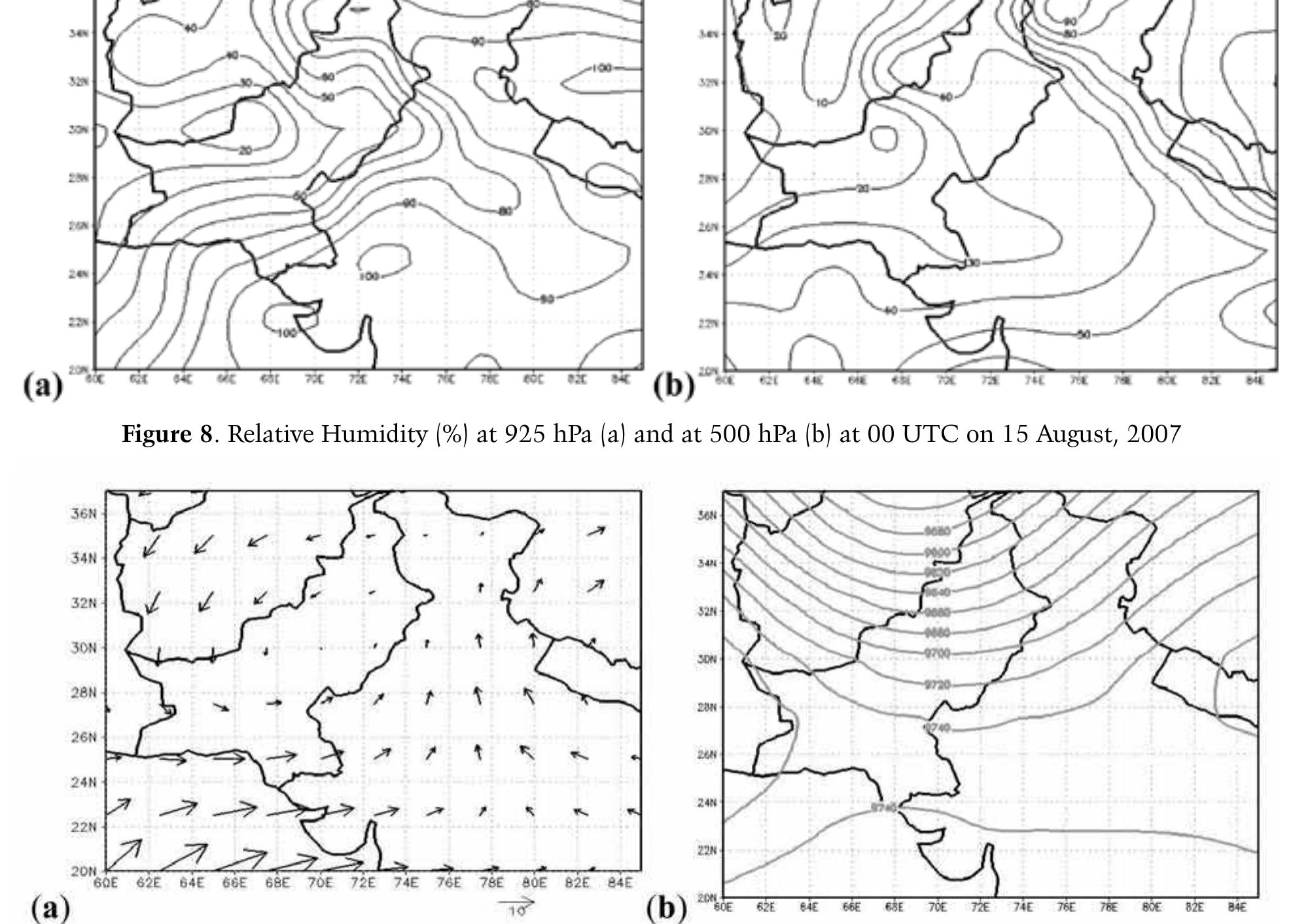 Wind flow pattern at 925 hpa (a) and contours (gpm) 300 hpa