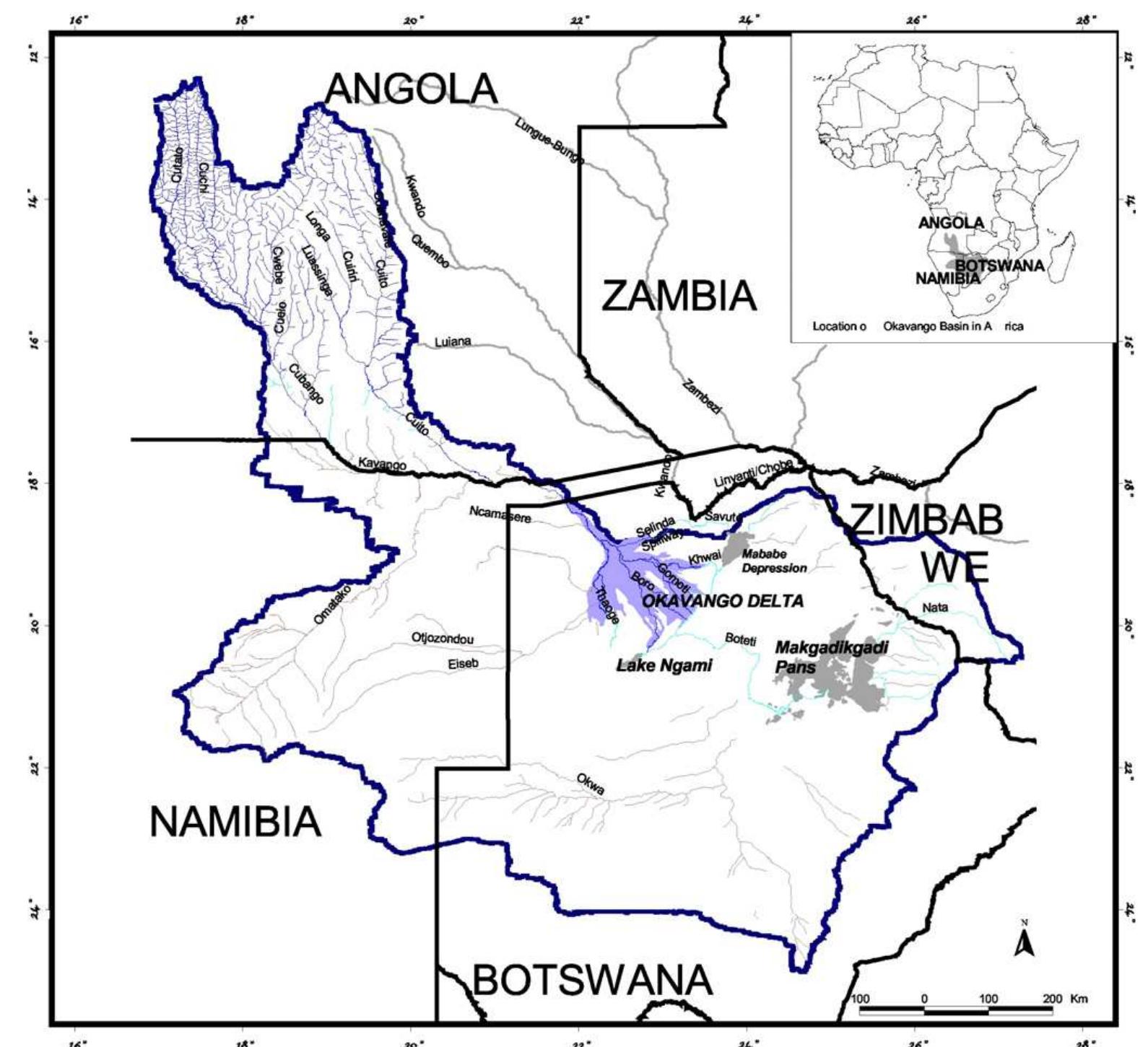 The extent of the okavango basin in southern africa. the