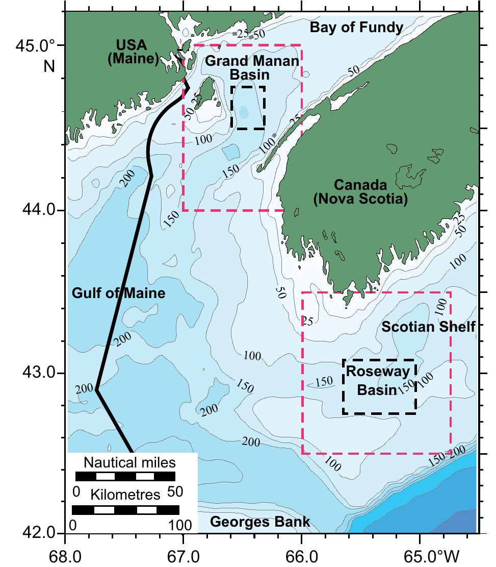 Bathymetric (m) chart illustrating the gulf of maine, the