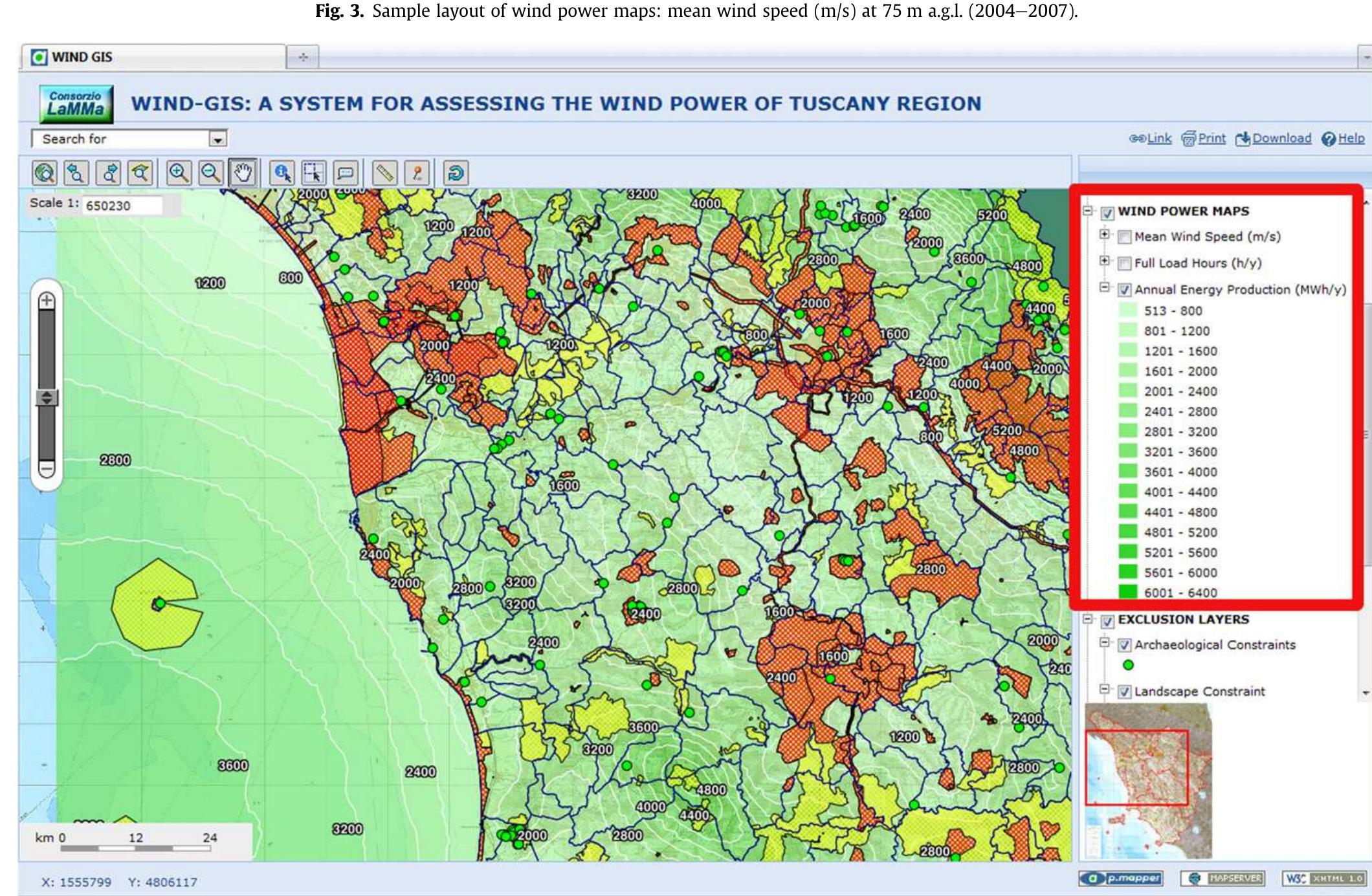 Sample layout of wind power maps: annual energy production