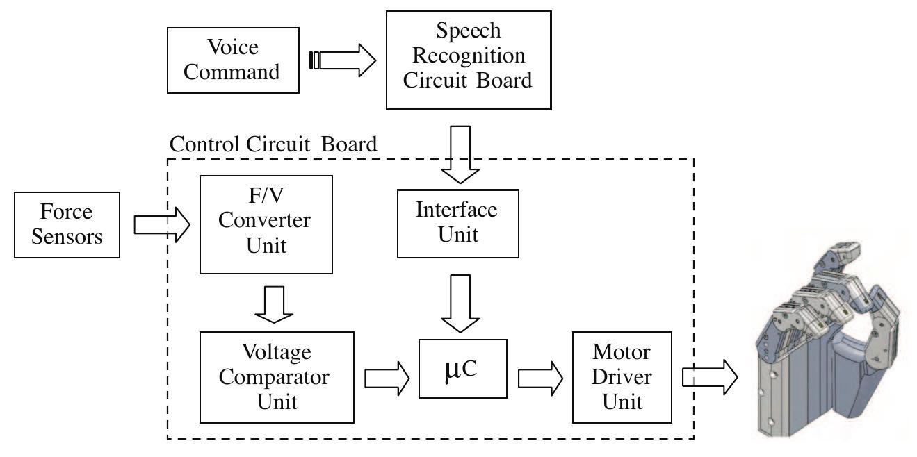 Parts of the prosthetic hand control system.