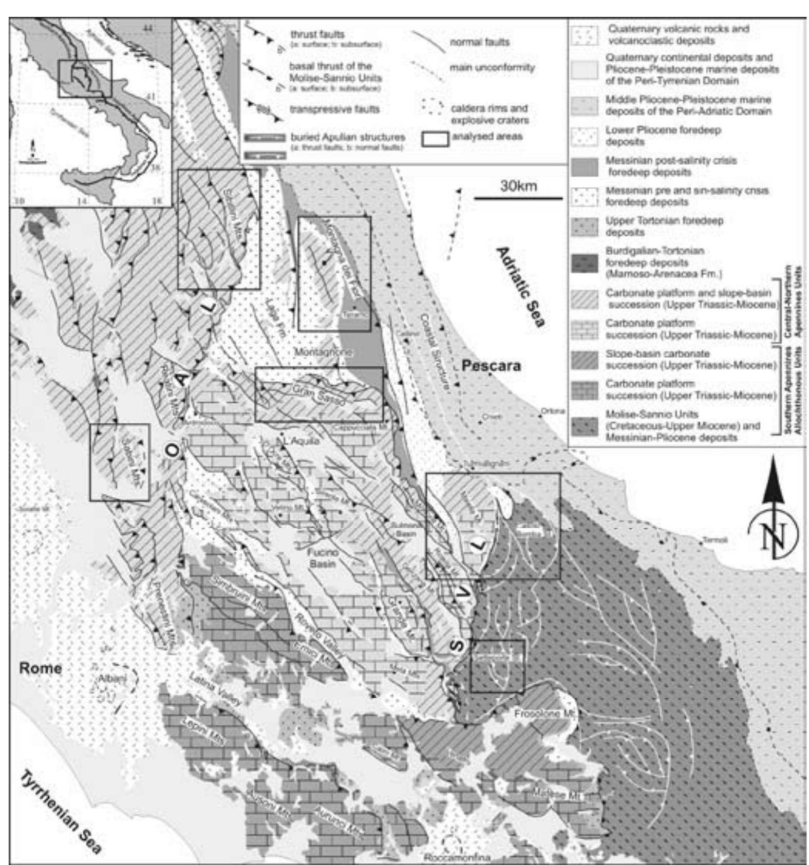 structural map of the central apennines; boxes indicate