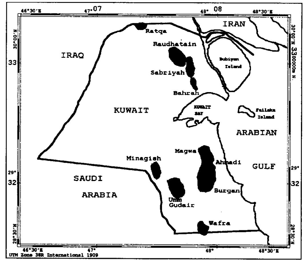 Map showing the location of kuwait's onshore oil fields