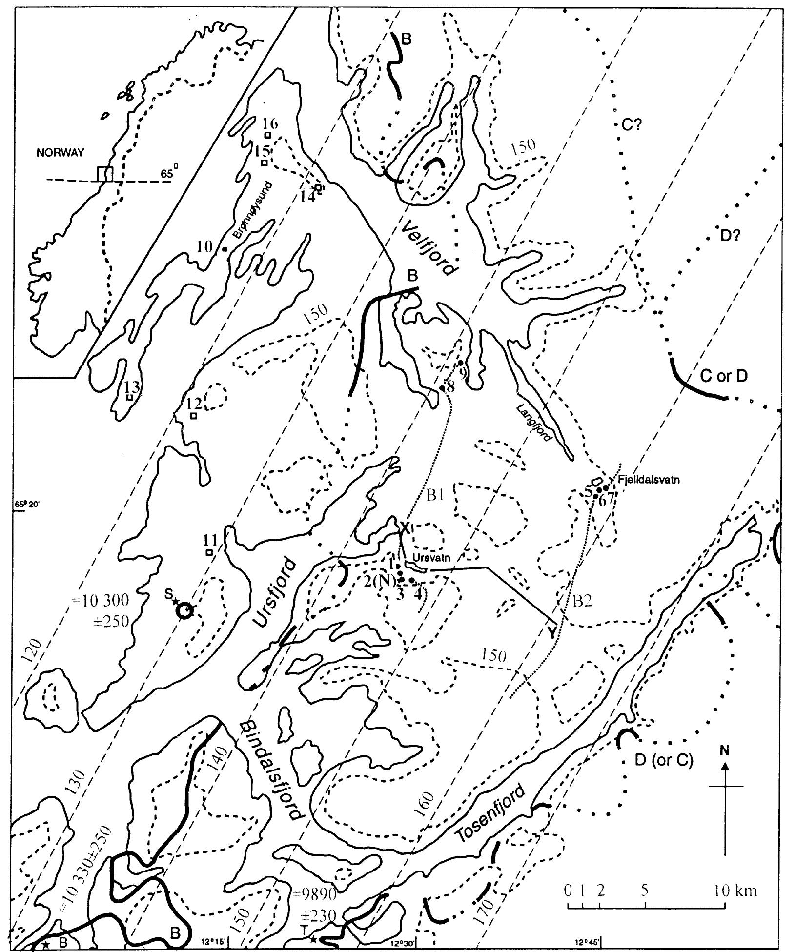 Area map showing caves, marginal moraines and yd isobases (m