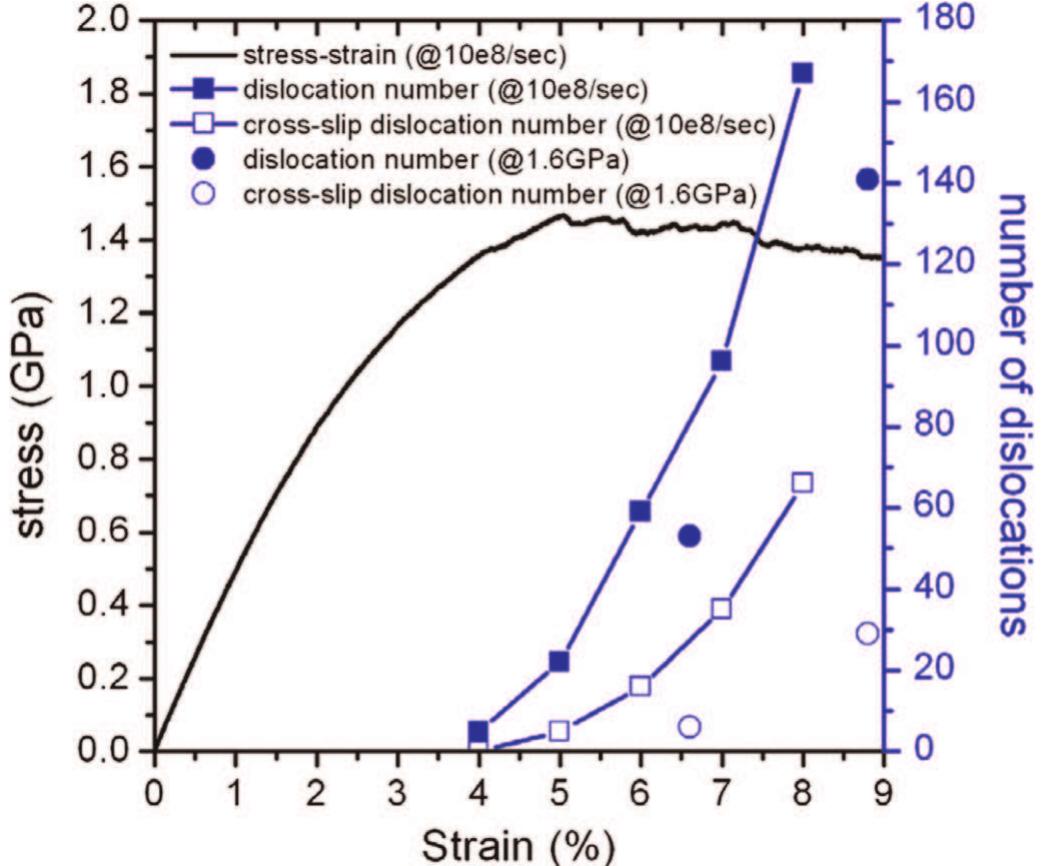 Plot of stress-strain and dislocation count-strain for two