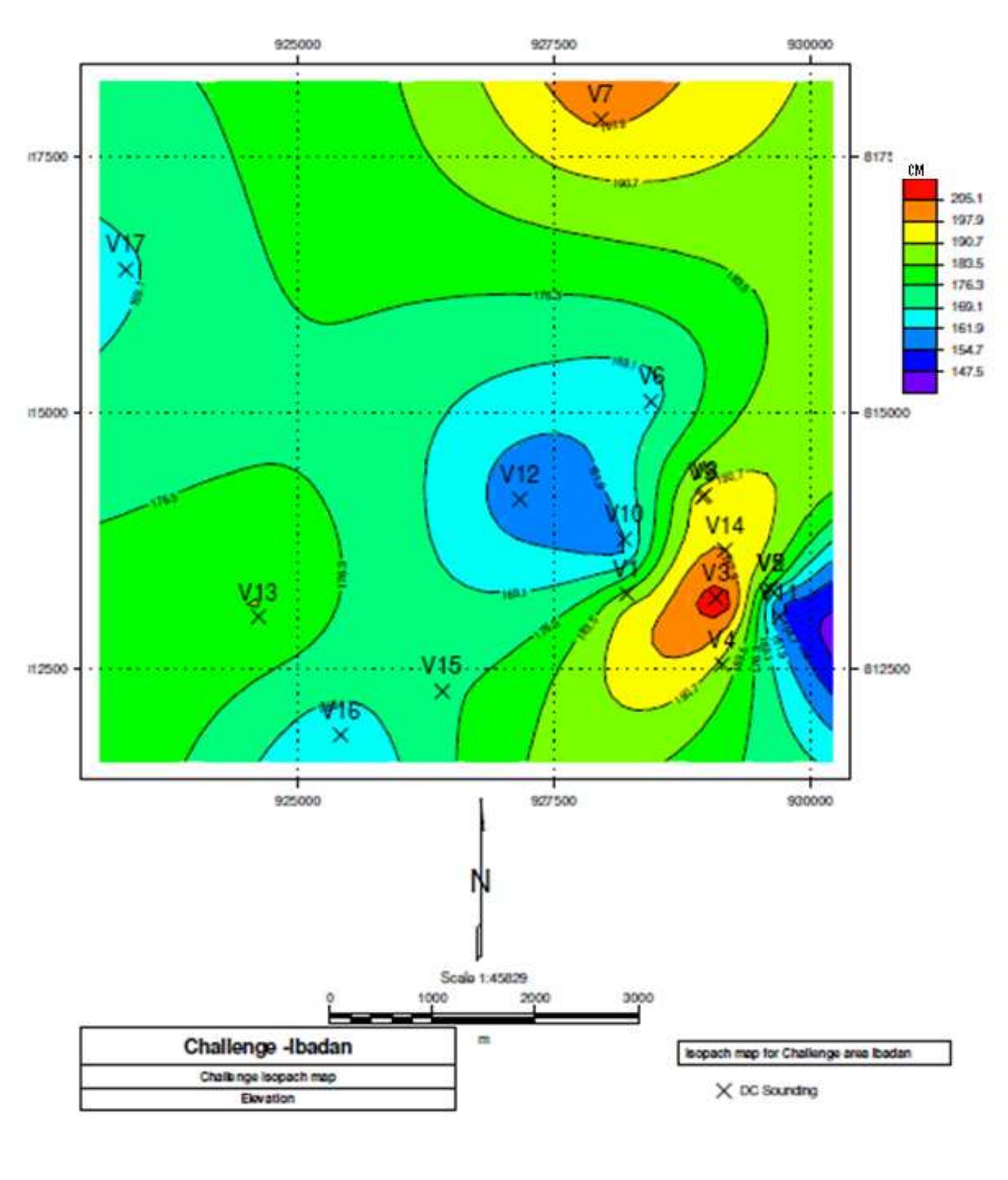 Iso-pach map for challenge area