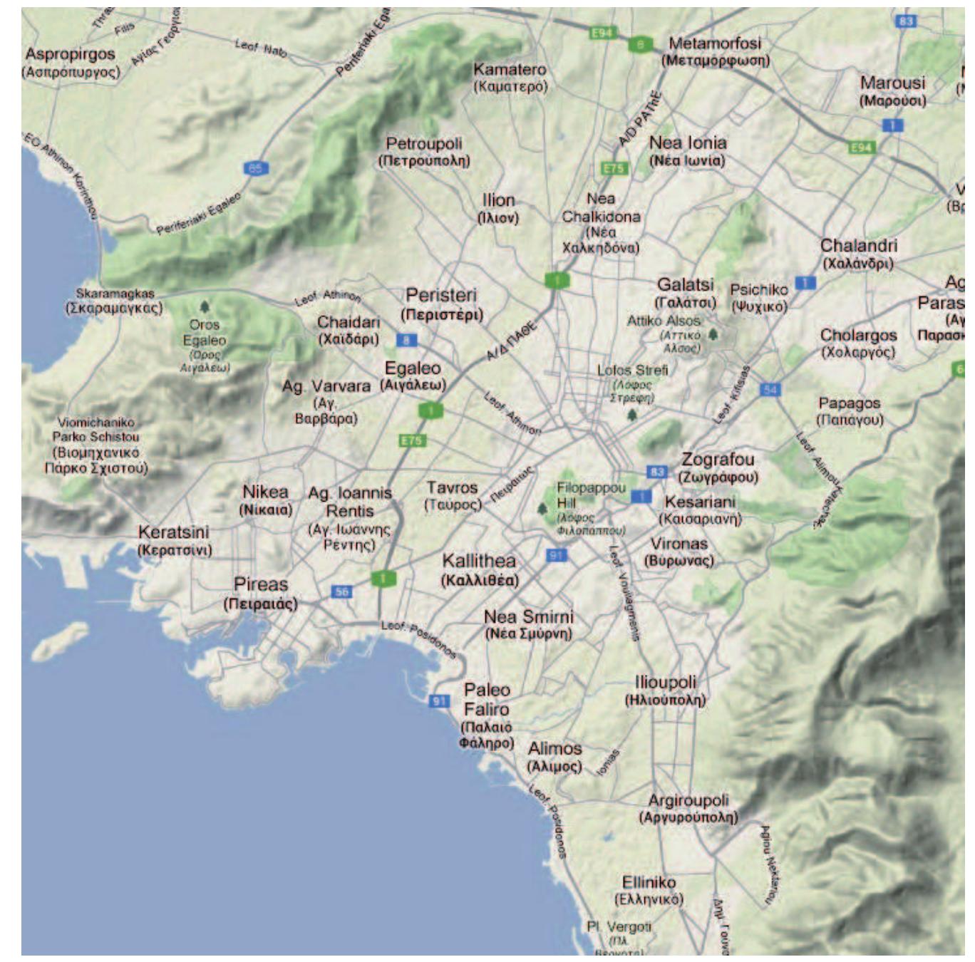 Geographic map of athens showing its main physiographic