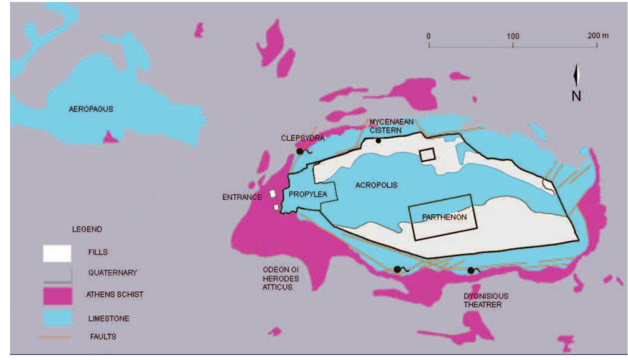 Geological map of the acropolis and location of springs.