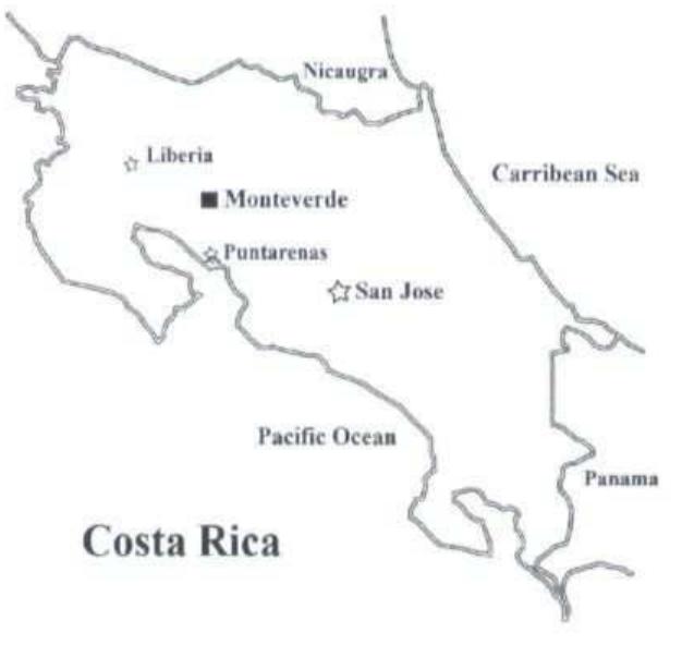 Location map of monteverde, costa rica.