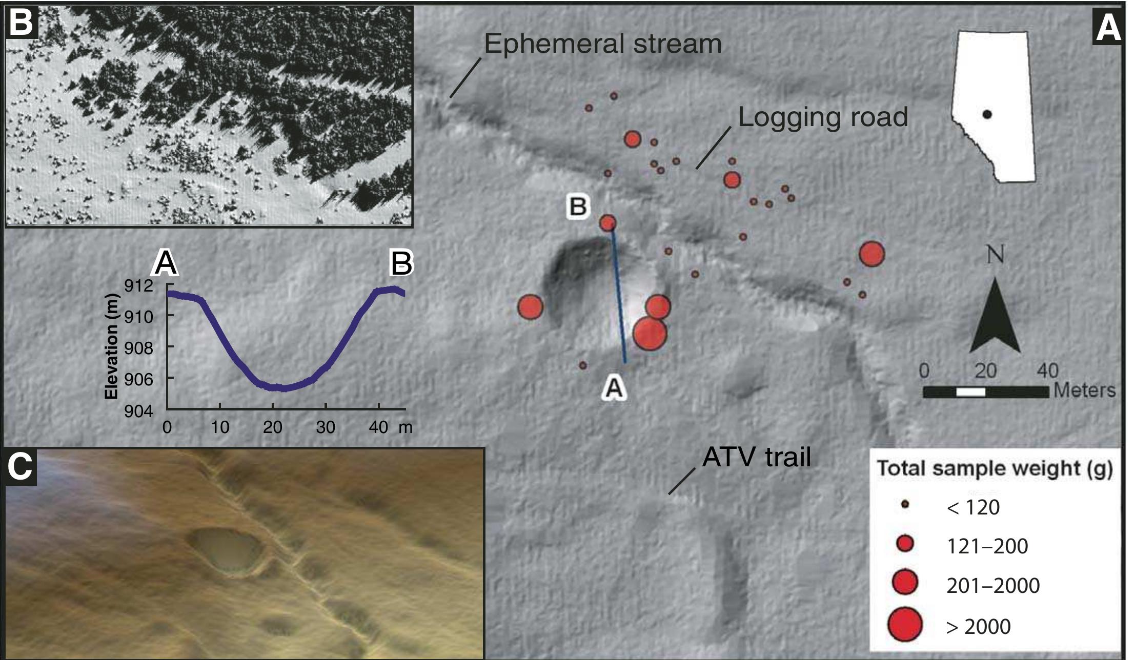 A: map of the whitecourt meteorite impact crater, including