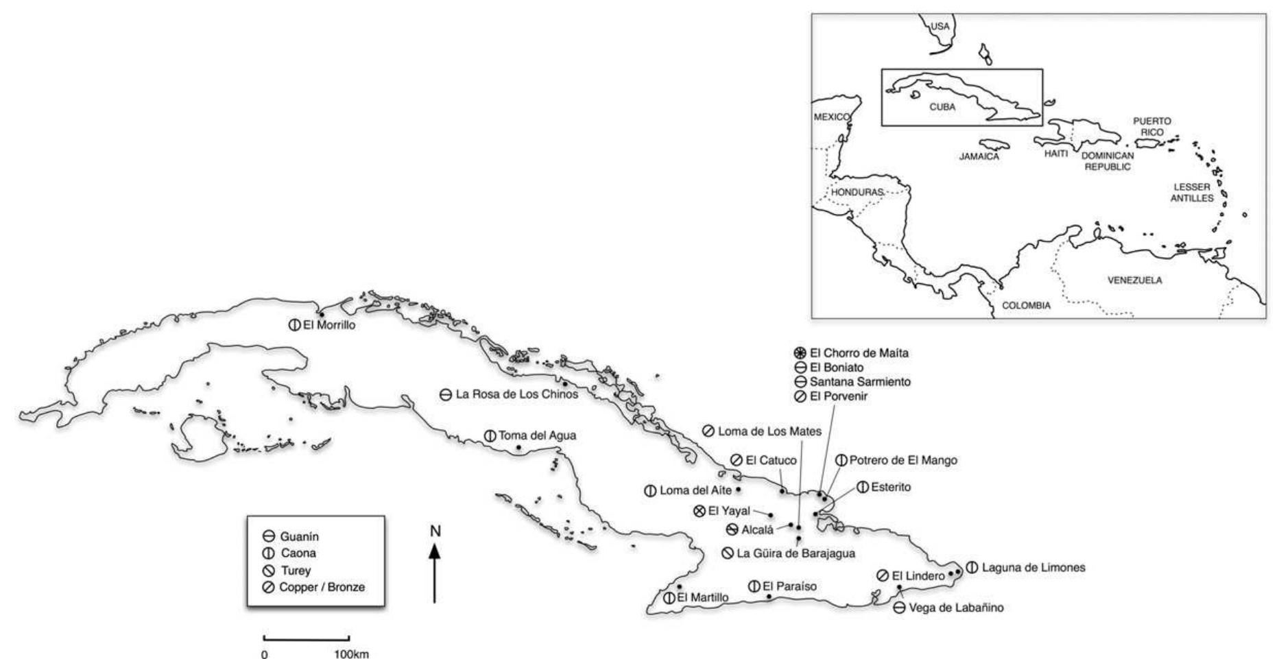 Map of cuba showing the location of the indigenous sites