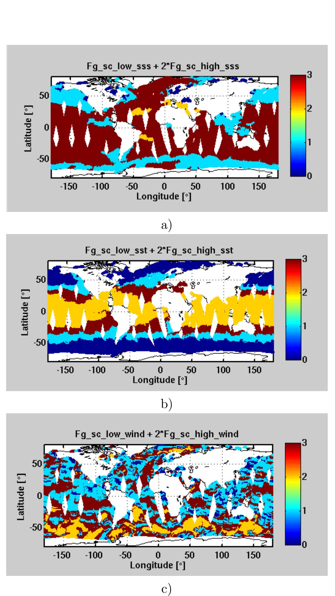 Science flags for high and low geophysical values a) sss b)