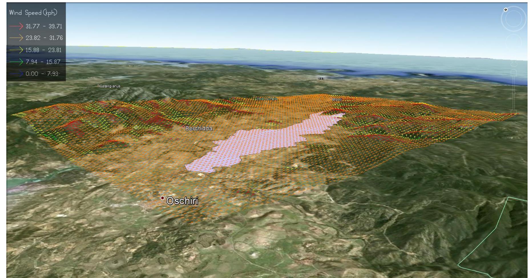 Simulated windfield and observed fire perimeter of the