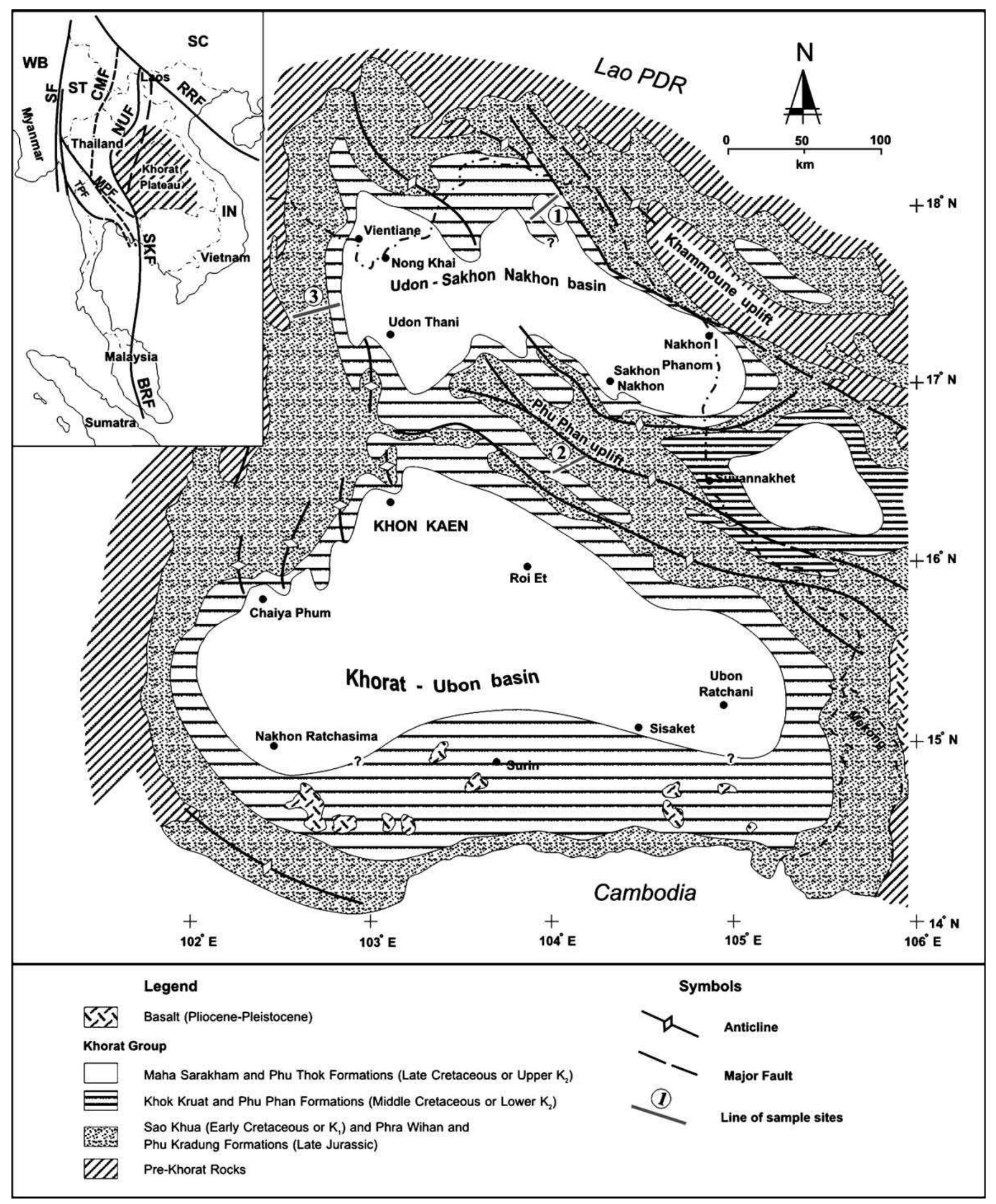 Schematic geological map of the khorat plateau, northeast