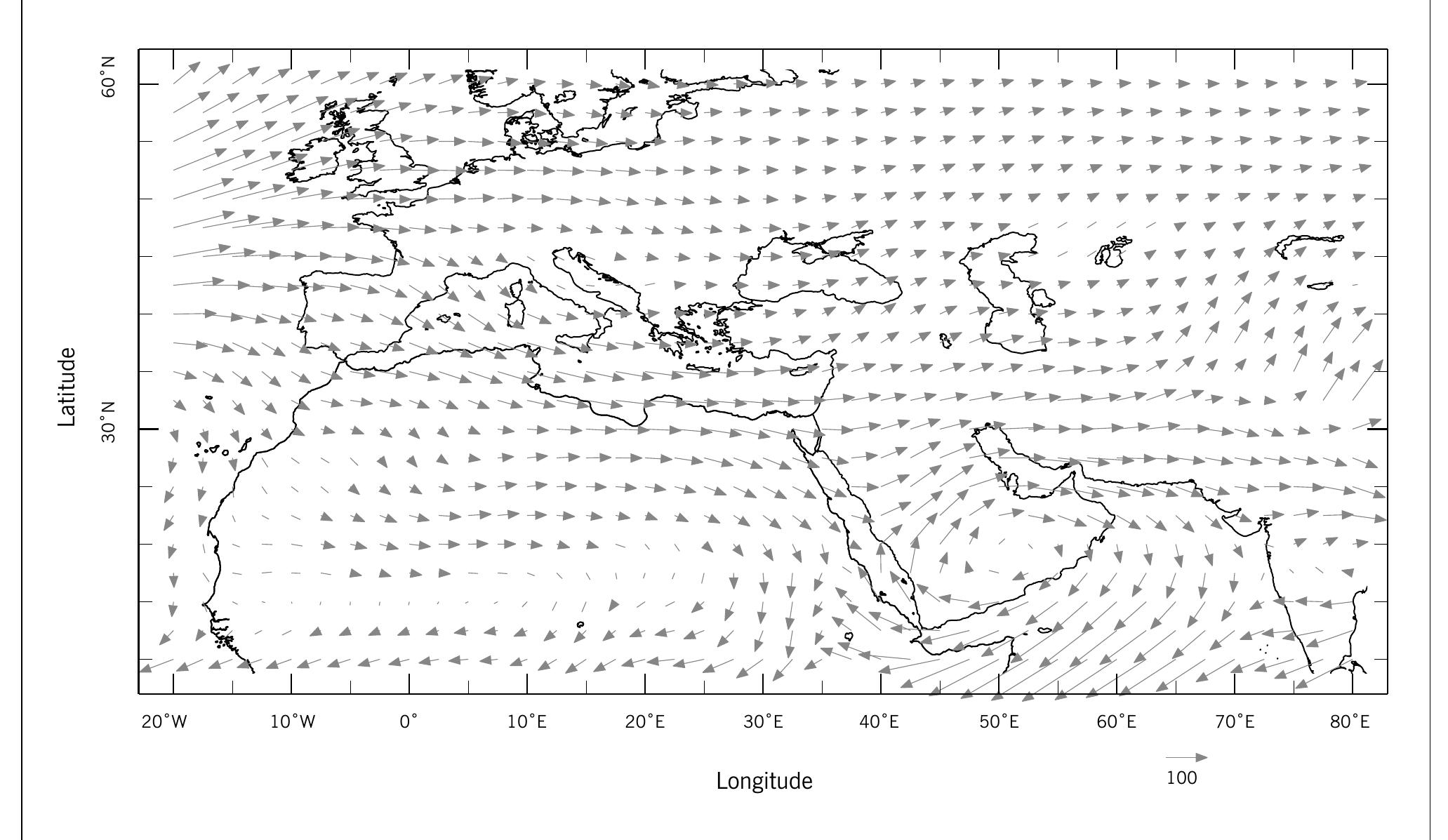 Moisture vectors map; december — january — february; europe,