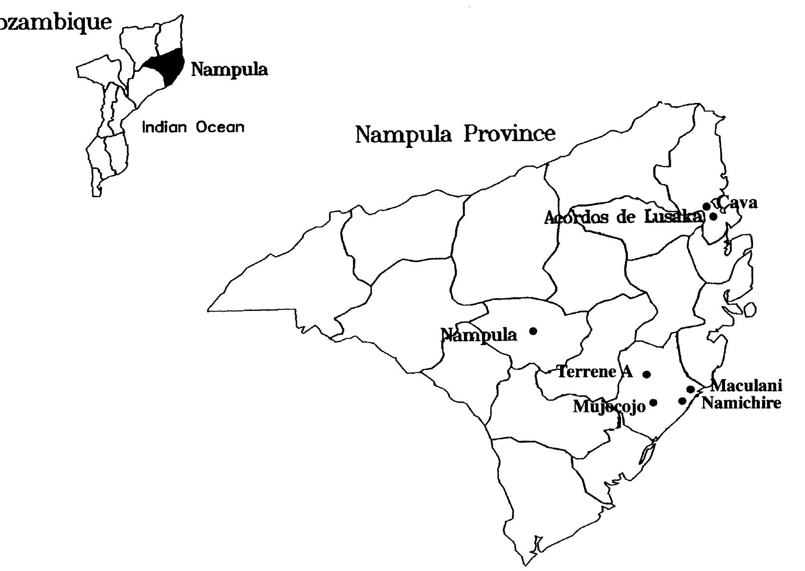 Map of mozambique (inset) and of nampula province showing