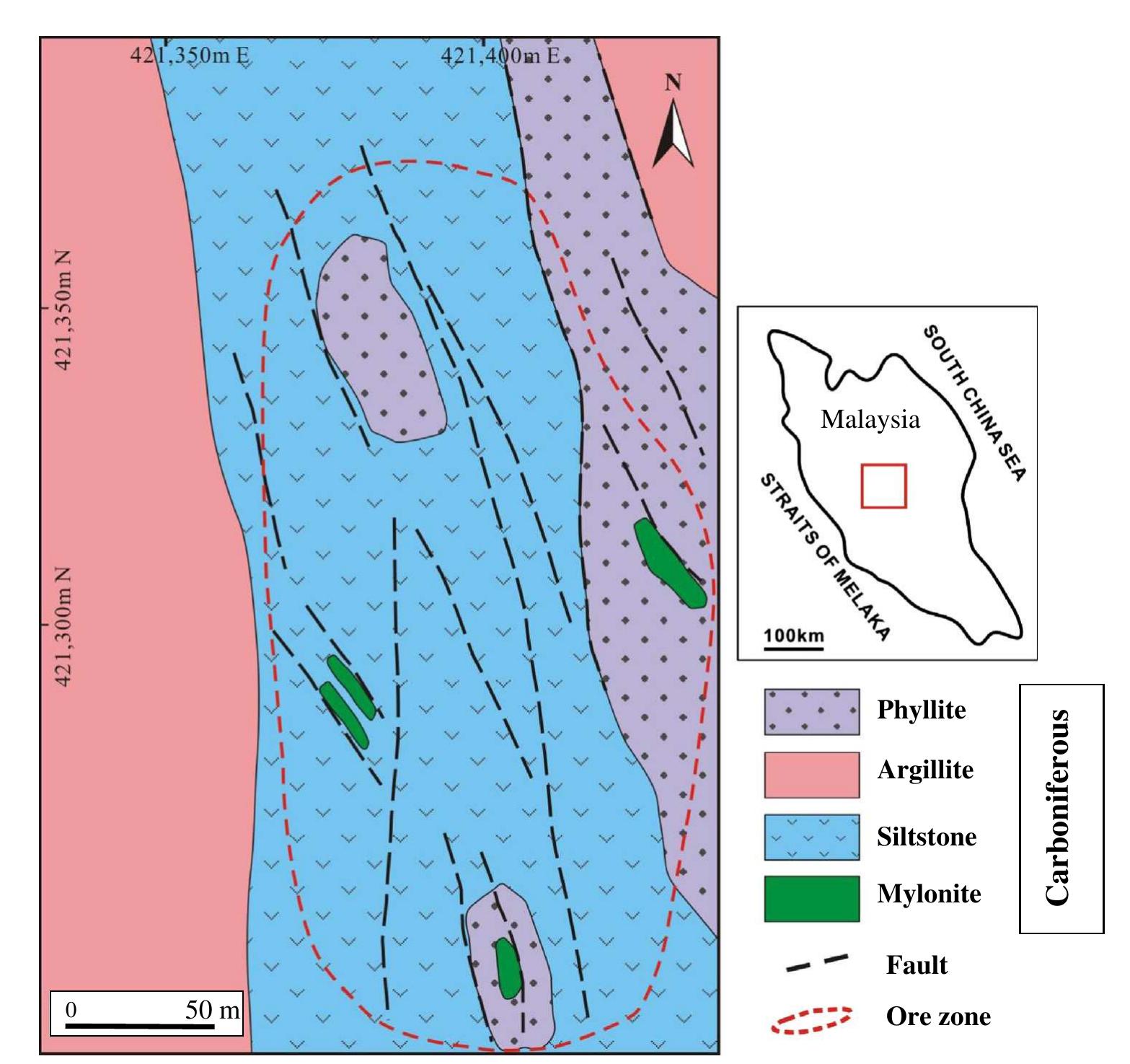 District-scale geological map of the selinsing gold deposit,