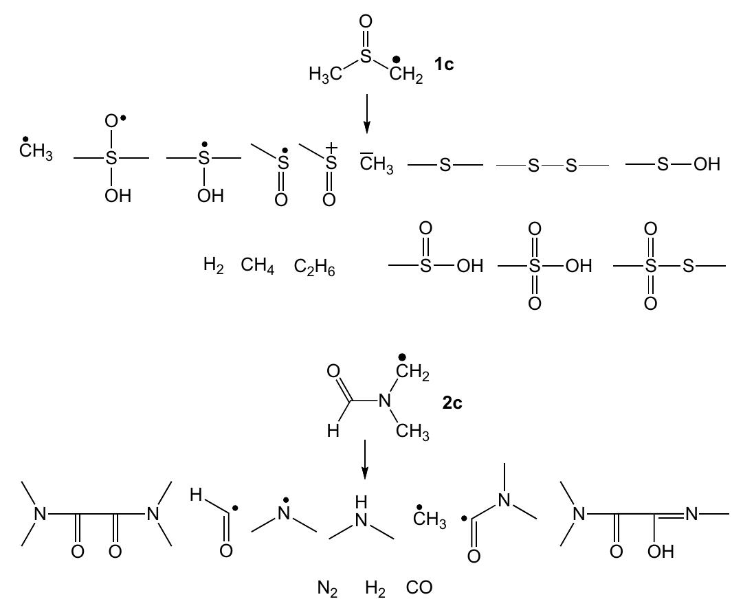Reported decay of dmso radicals (1c) and dmf radicals (2c)