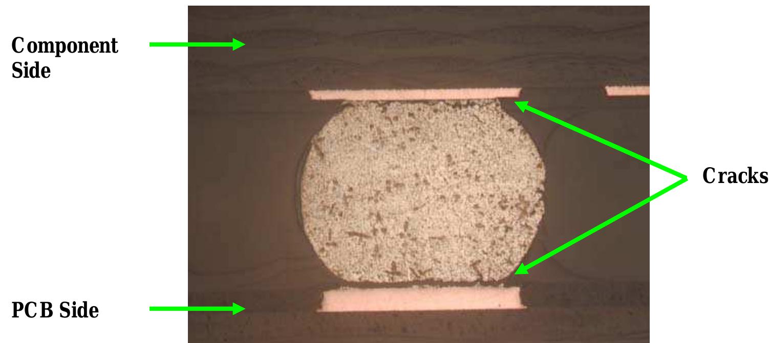 A cross-section image of a failed solder joint