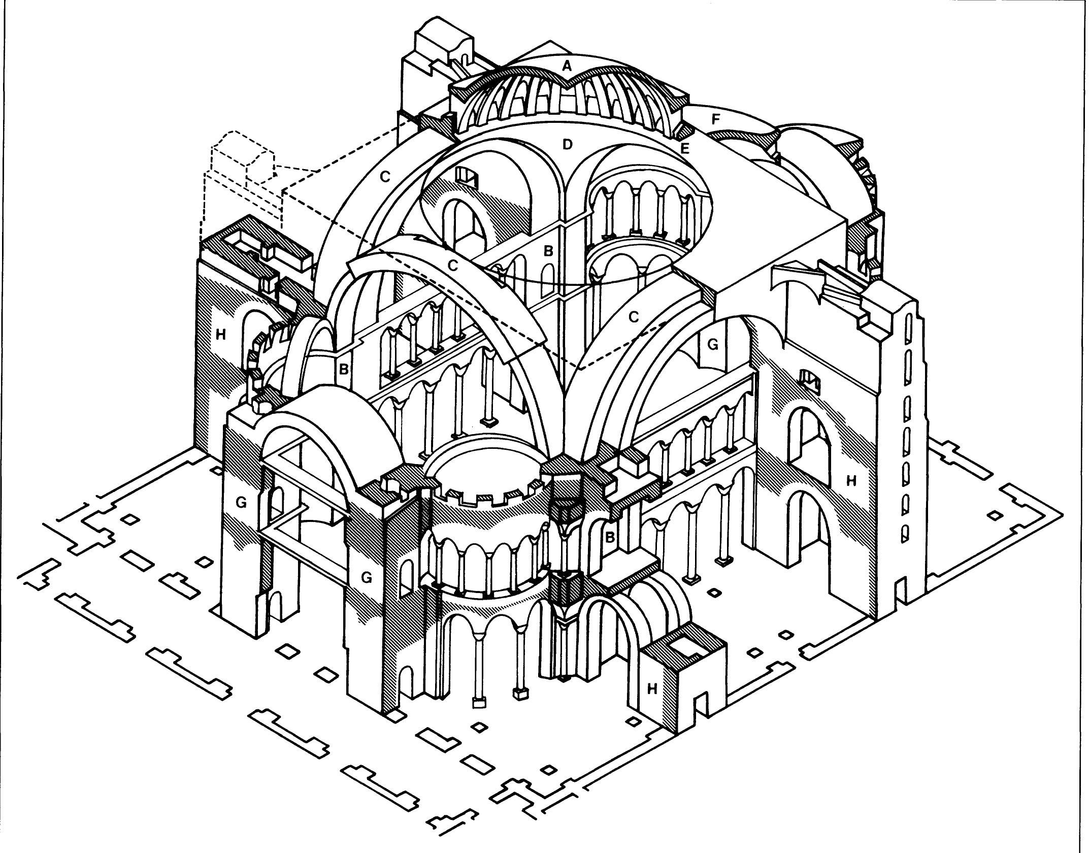 Isometric cutaway view of hagia sophia as it is today
