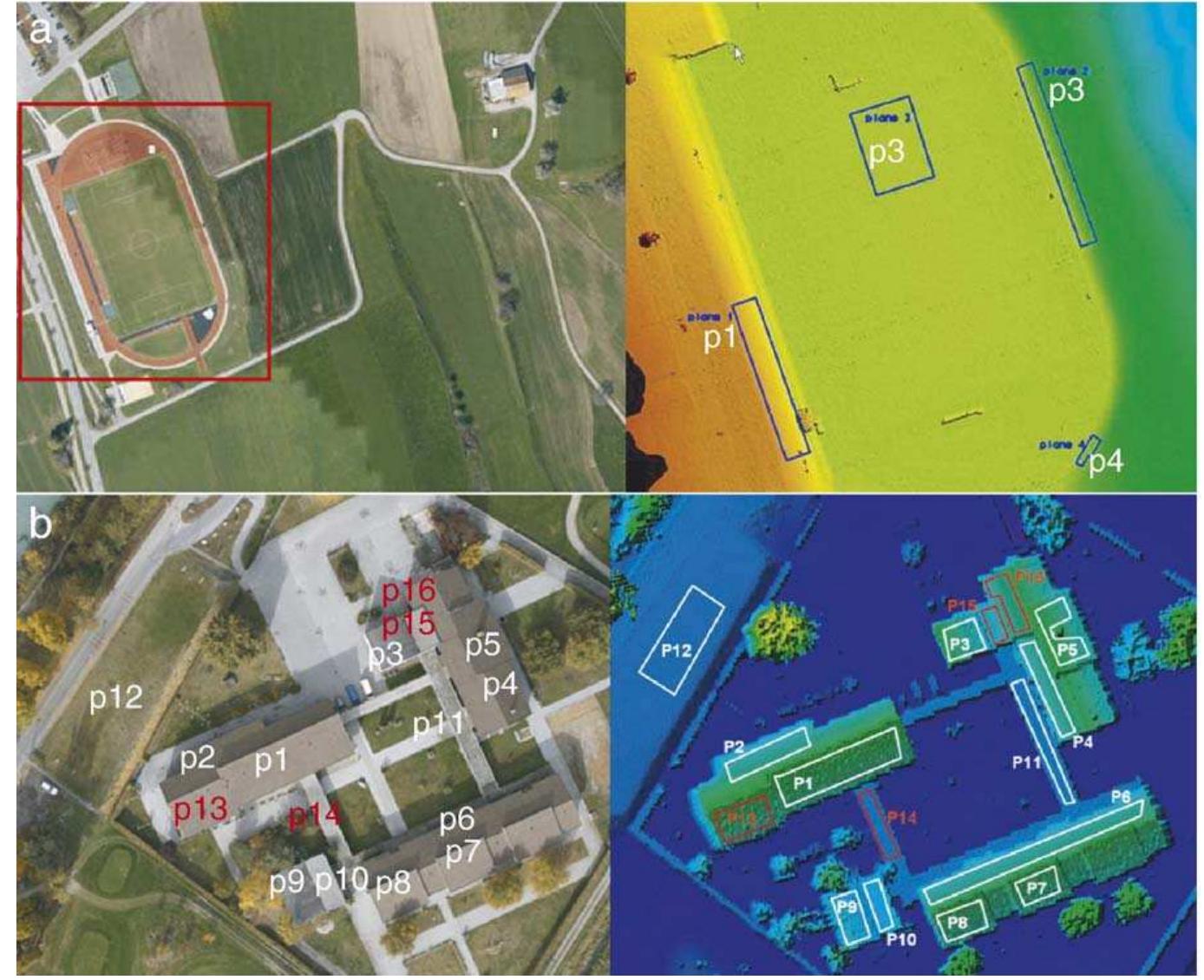 Images and color-coded reliefs of the two test fields with