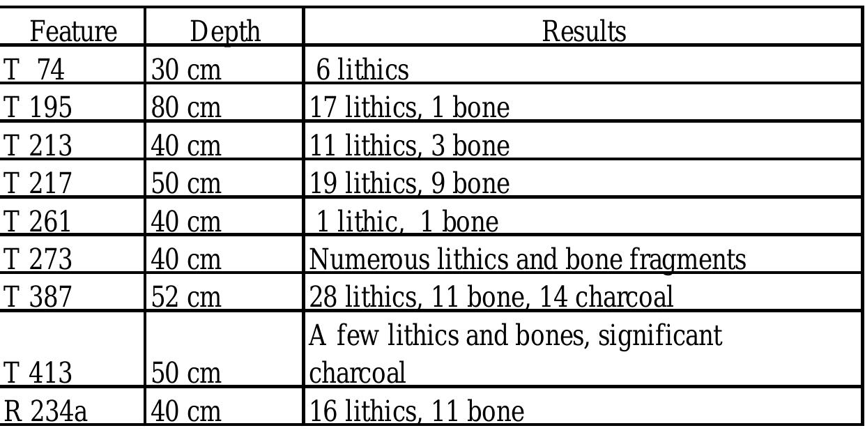 Shovel test results test units