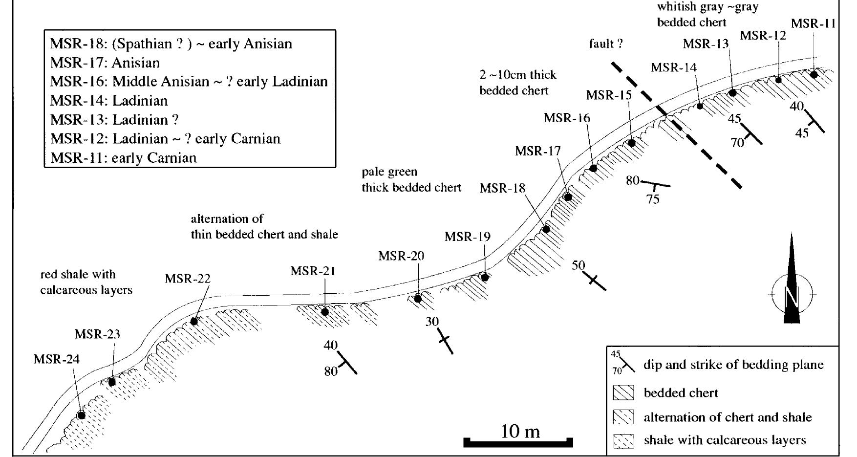 Route map showing the occurrence of (1) bedded chert, (2)