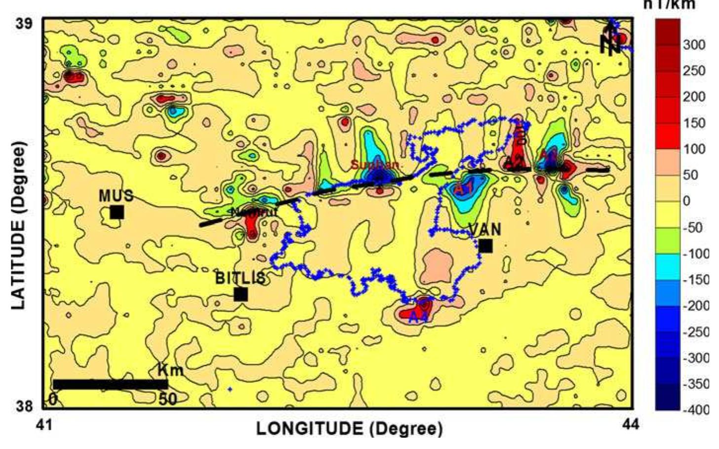 First vertical derivative map of the magnetic anomalies in