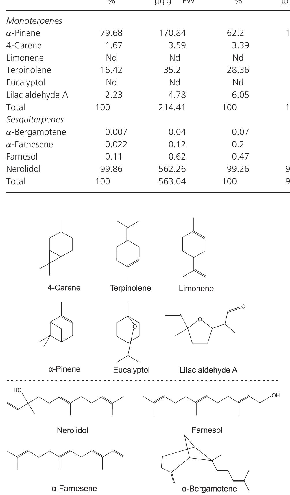Chemical structures of monoterpenes and sesquiterpenes